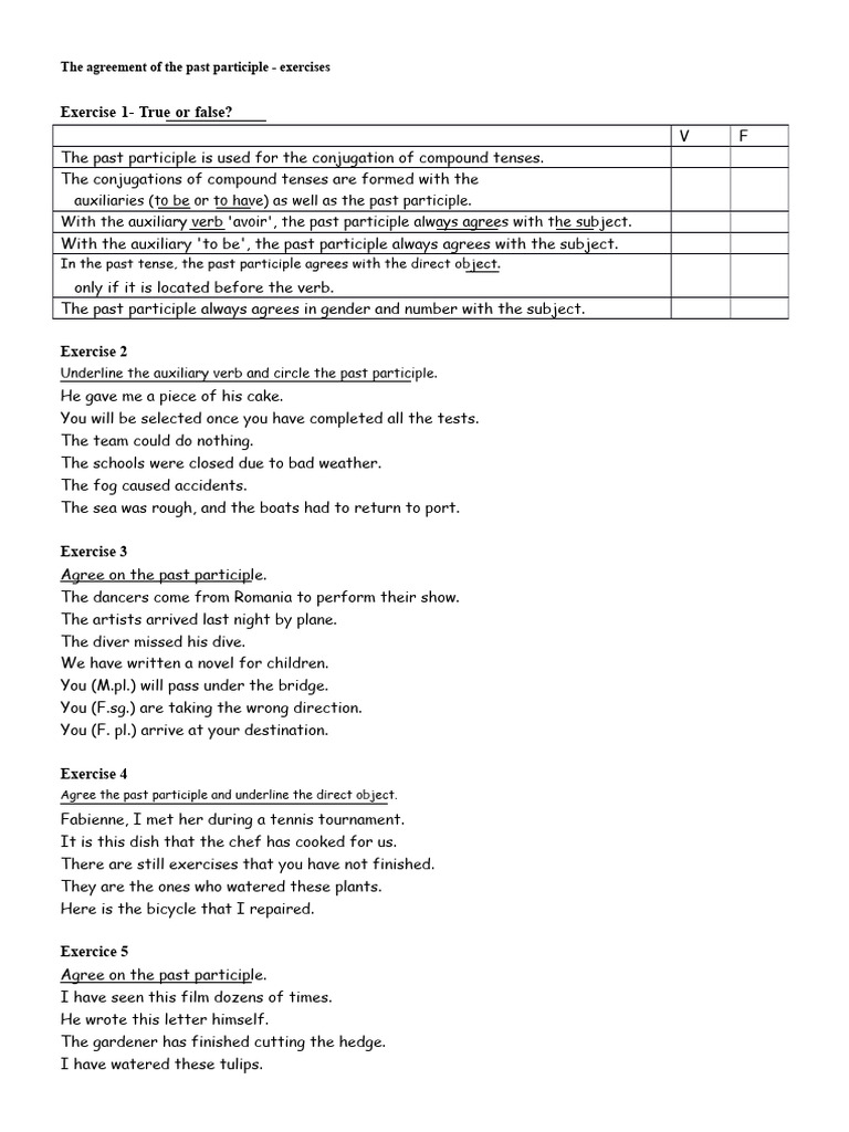 The Agreement of The Past Participle - Exercises | PDF | Verb ...
