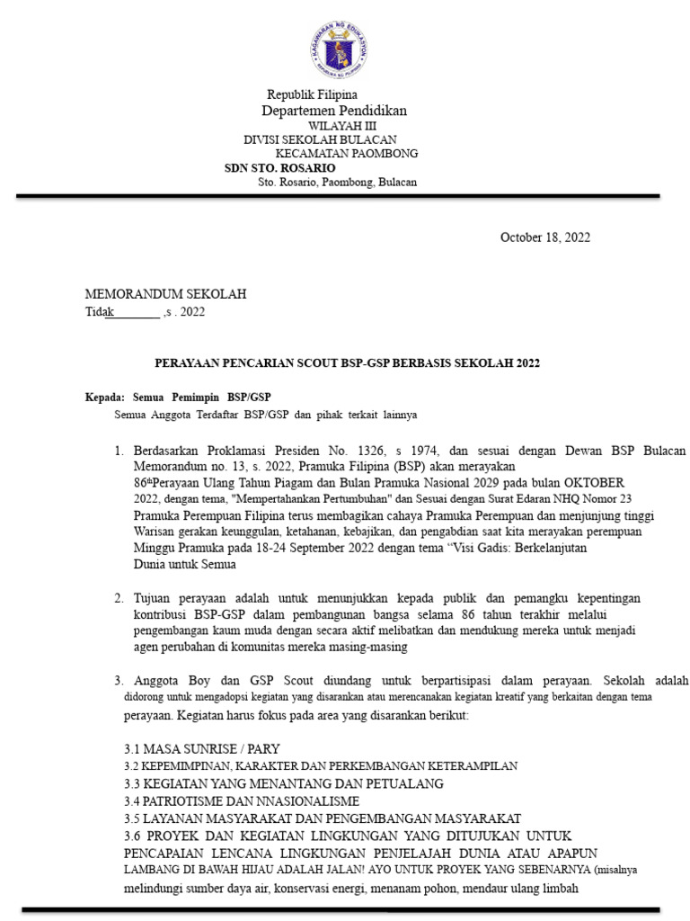 Memo Sekolah Tentang Kegiatan BSP GSP | PDF