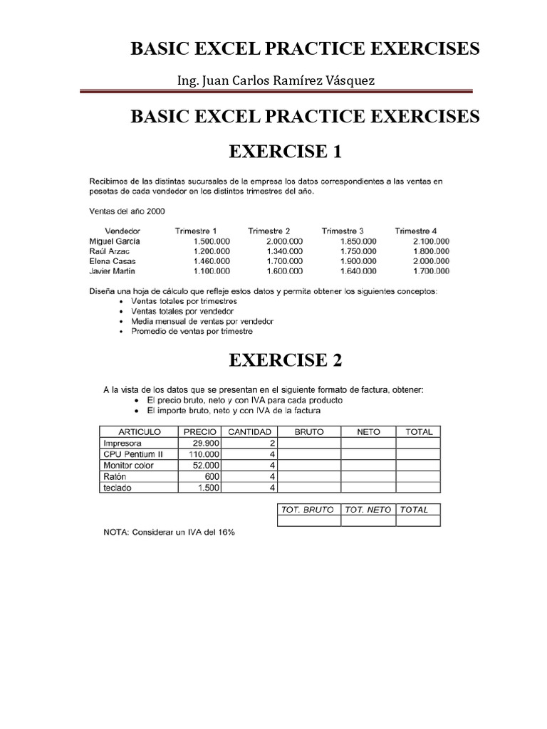 Basic Excel Practice Exercises Guide | PDF | Microsoft Excel | Spreadsheet