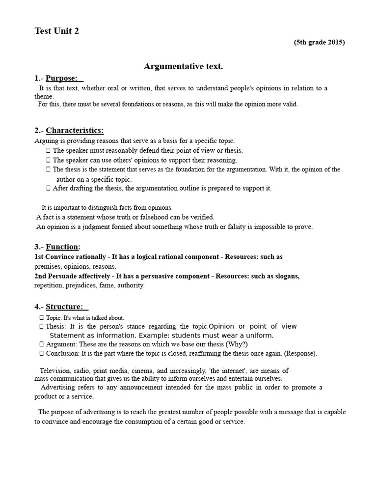 Test Unit 2 Language (5th Basic 2015) | PDF | Argument | Reason