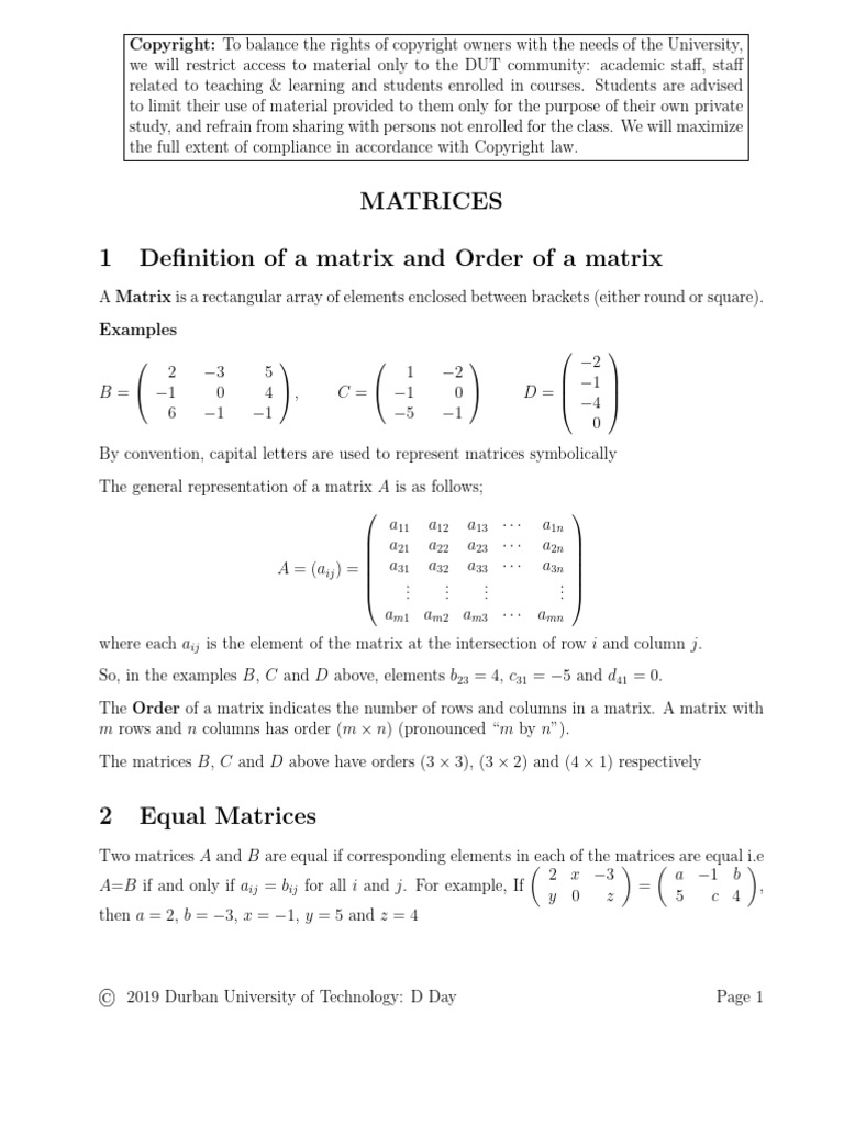 Matrices Notes | PDF | Matrix Theory | Mathematical Physics
