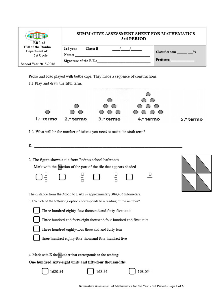 3rd Year Mathematics Assessment Sheet | PDF | Numbers | Length