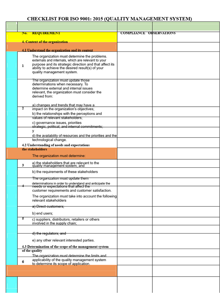 ISO 9001:2015 Quality Management Checklist | PDF | Quality Management ...