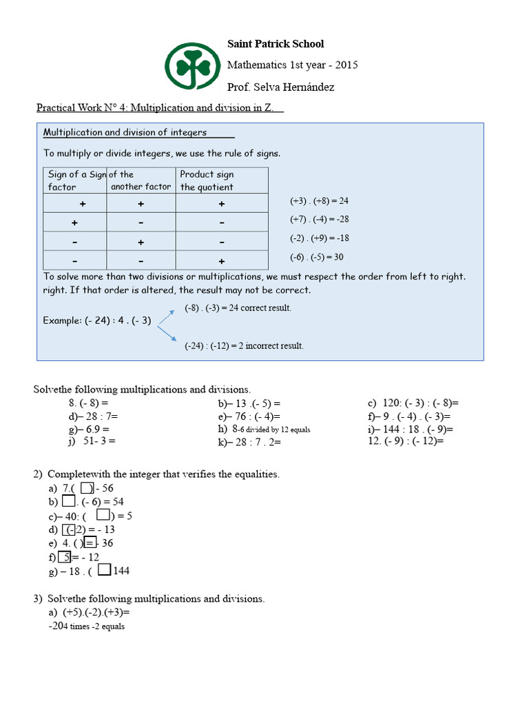 Practical Work N 4 Integers Multiplication and Division | PDF ...