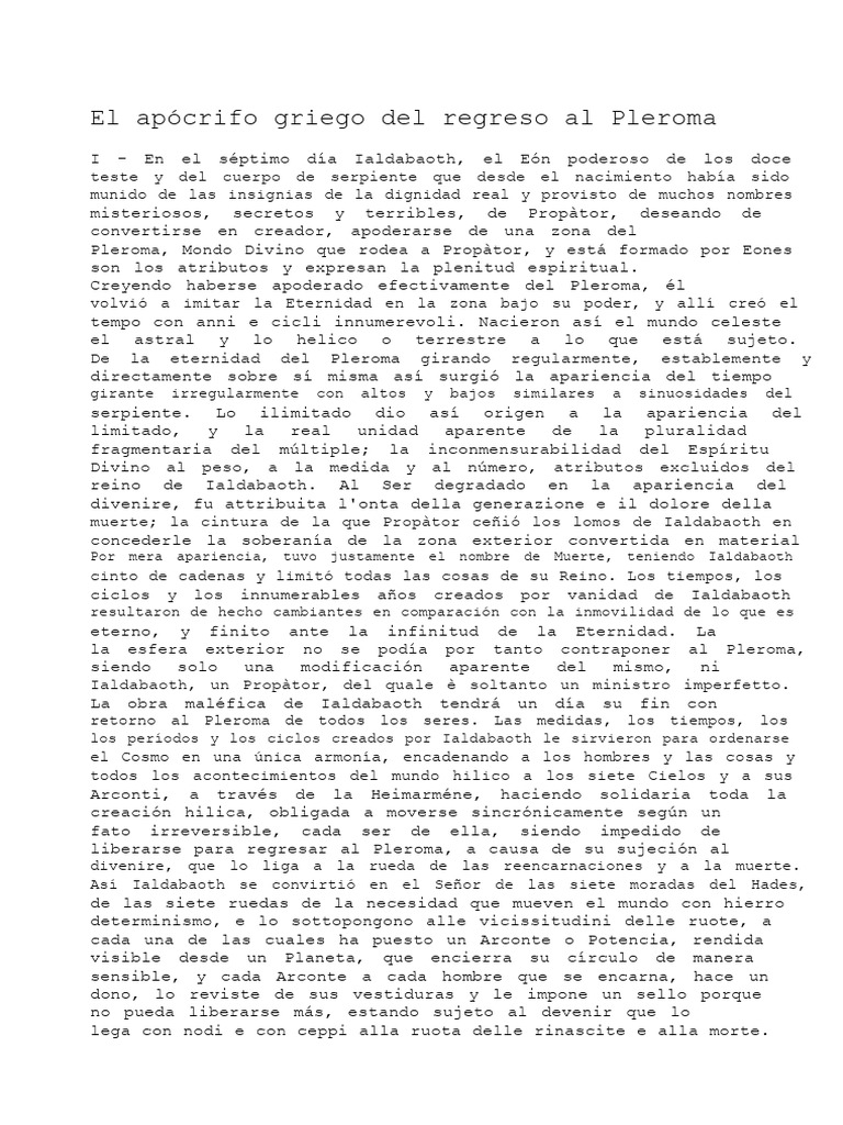 El Apócrifo Griego del Pleroma y Ialdabaoth | PDF | Gnosticismo ...