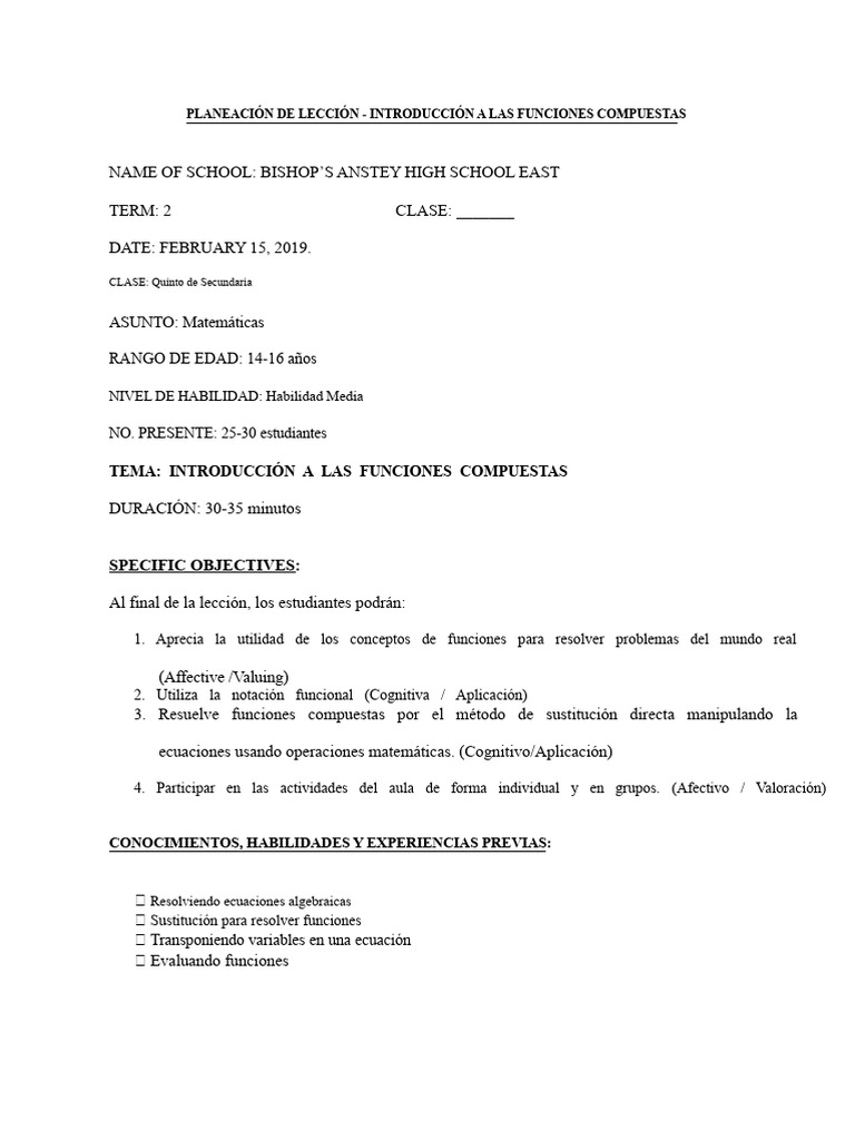 Lección sobre Funciones Compuestas | PDF | Salón de clases | Aprendizaje