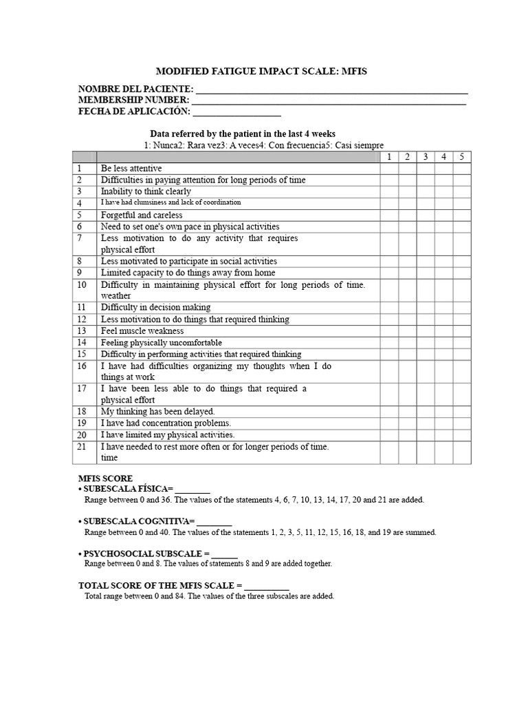 Modified Fatigue Impact Scale (MFIS) | PDF