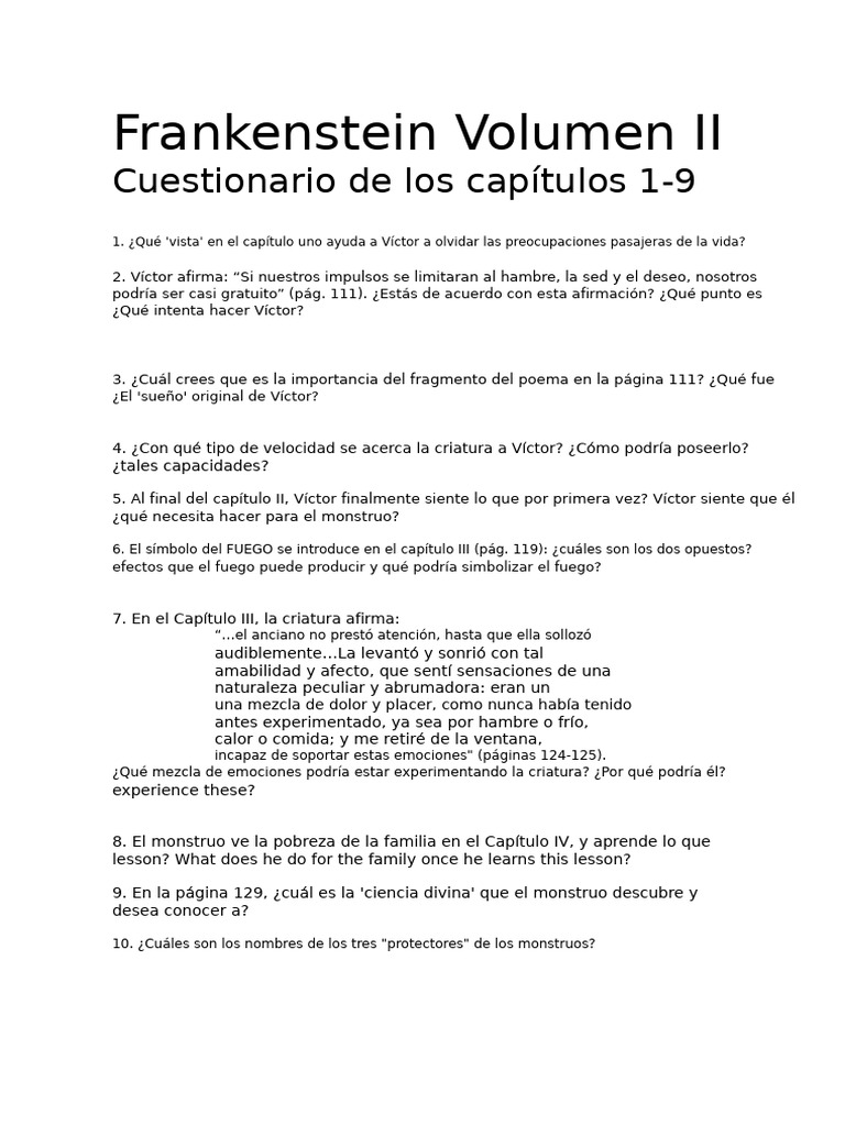 Frankenstein Vol. 2 Cuestionario | PDF | Frankenstein