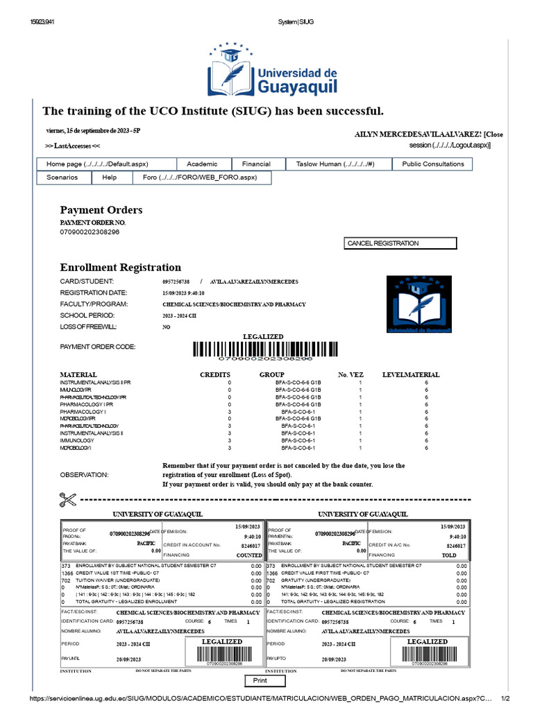 Enrollment Receipt Aa - Siug | PDF