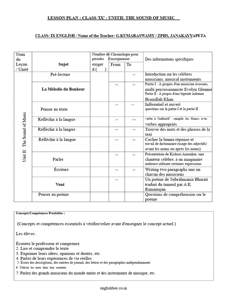 Plan de leçon : Musique et poèmes IX | PDF | Phrase | Linguistique