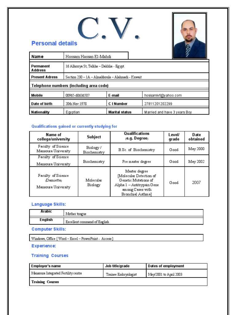 Cv Hossam Hassan Embryologist Pdf In Vitro Fertilisation