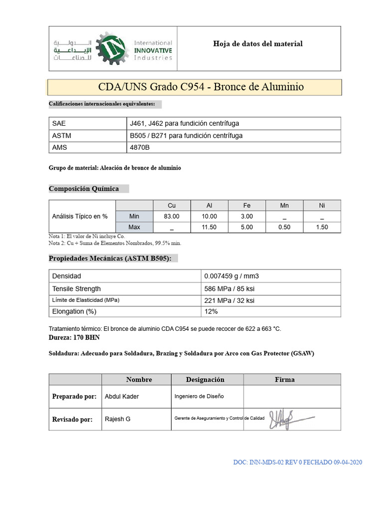 Hoja de Datos del Bronce de Aluminio CDA C954 | PDF