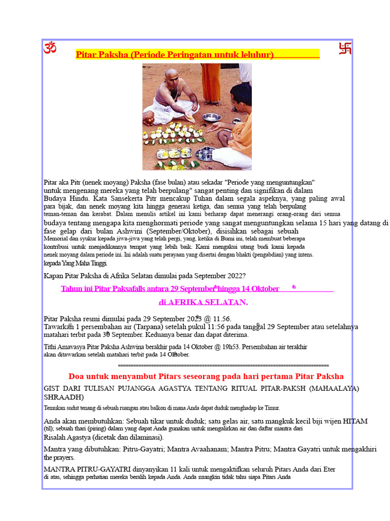 Pitar Paksha 2023: Ritual dan Tanggal | PDF