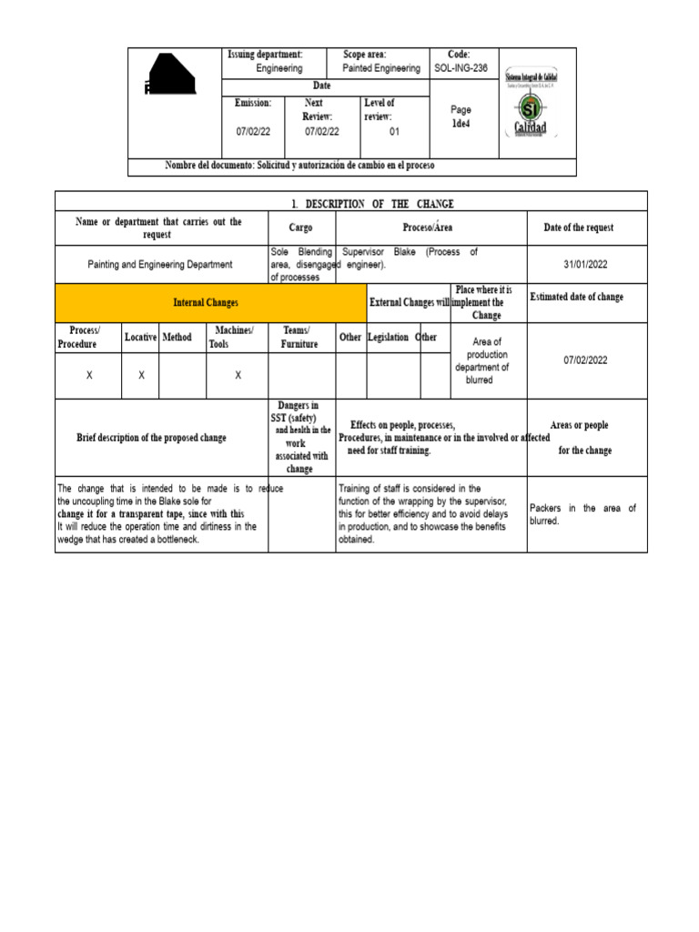 FORMAT FOR AUTHORIZATION OF CHANGES IN PROCESS | PDF