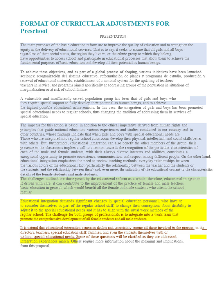 Format For Curricular Adjustments For Preschool | PDF | Special ...