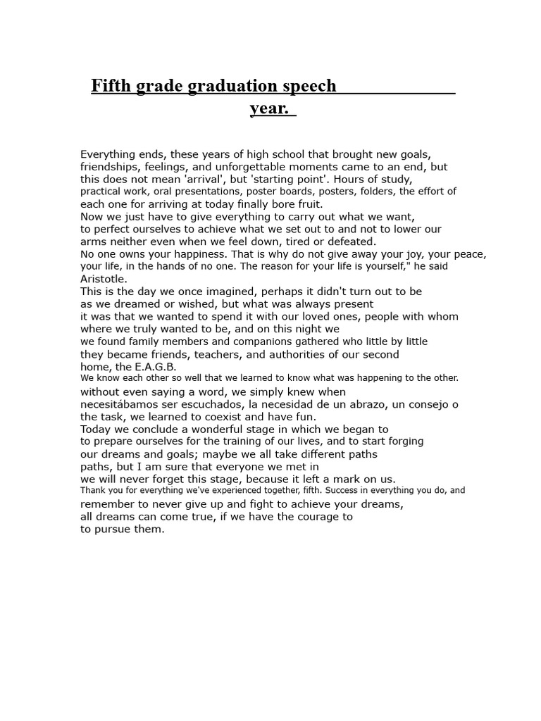 Inspiring Fifth Grade Graduation Speech | PDF