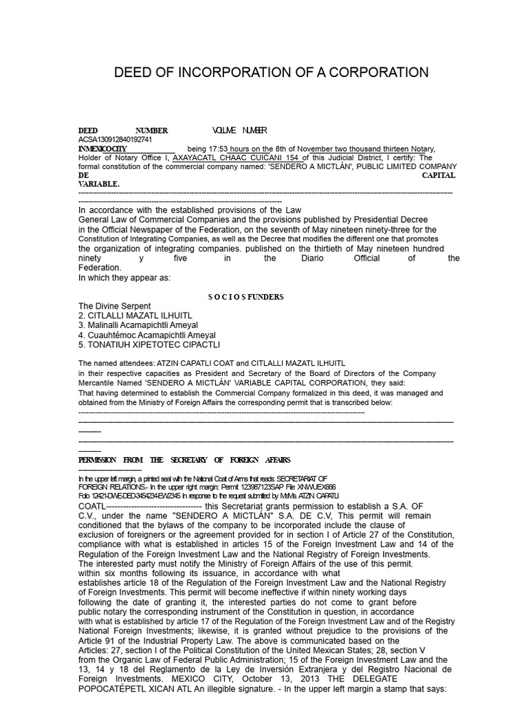 Deed of Incorporation of A Corporation | PDF | Board Of Directors ...