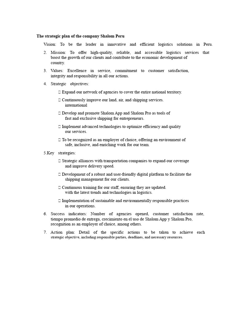 The strategic plan of the company Shalom Peru | PDF