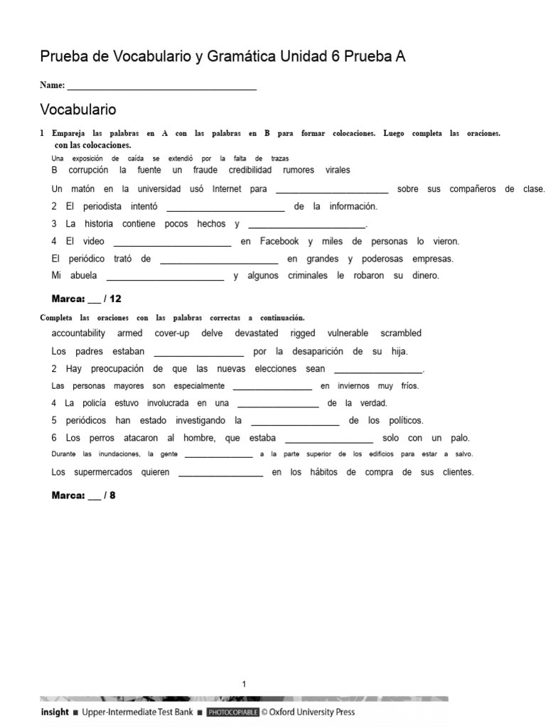 Prueba de Vocabulario y Gramática Unidad 6 Prueba A | PDF | Oración ...