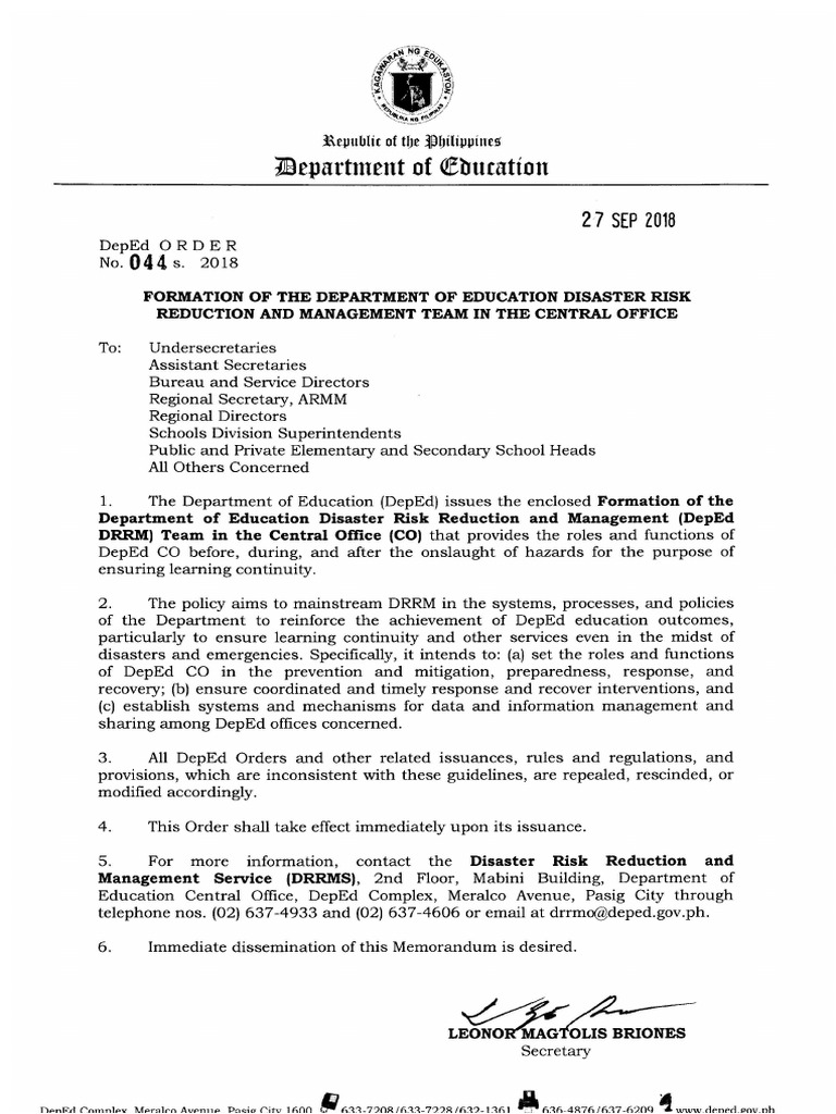 Pembentukan Tim DRRM DepEd 2018 | PDF