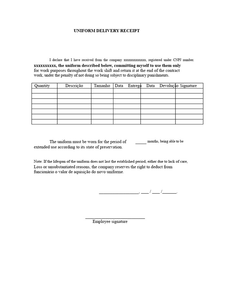Model Receipt Delivery Uniforms | PDF
