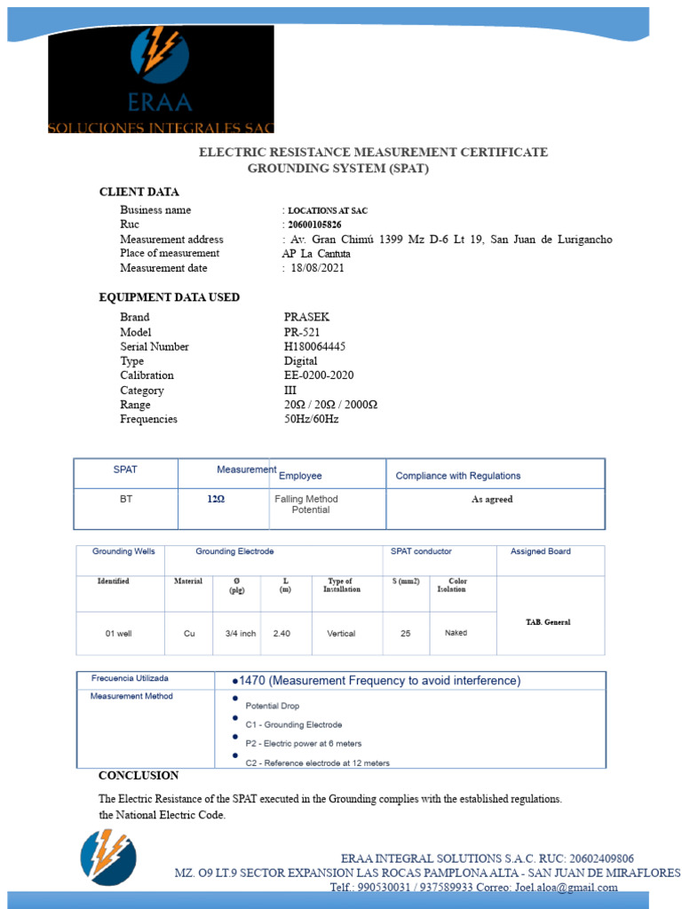 Electric Resistance Measurement Certificate | PDF | Electromagnetism ...