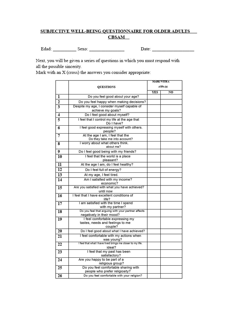 Questionnaire On Subjective Well-Being in Older Adults | PDF | Well ...