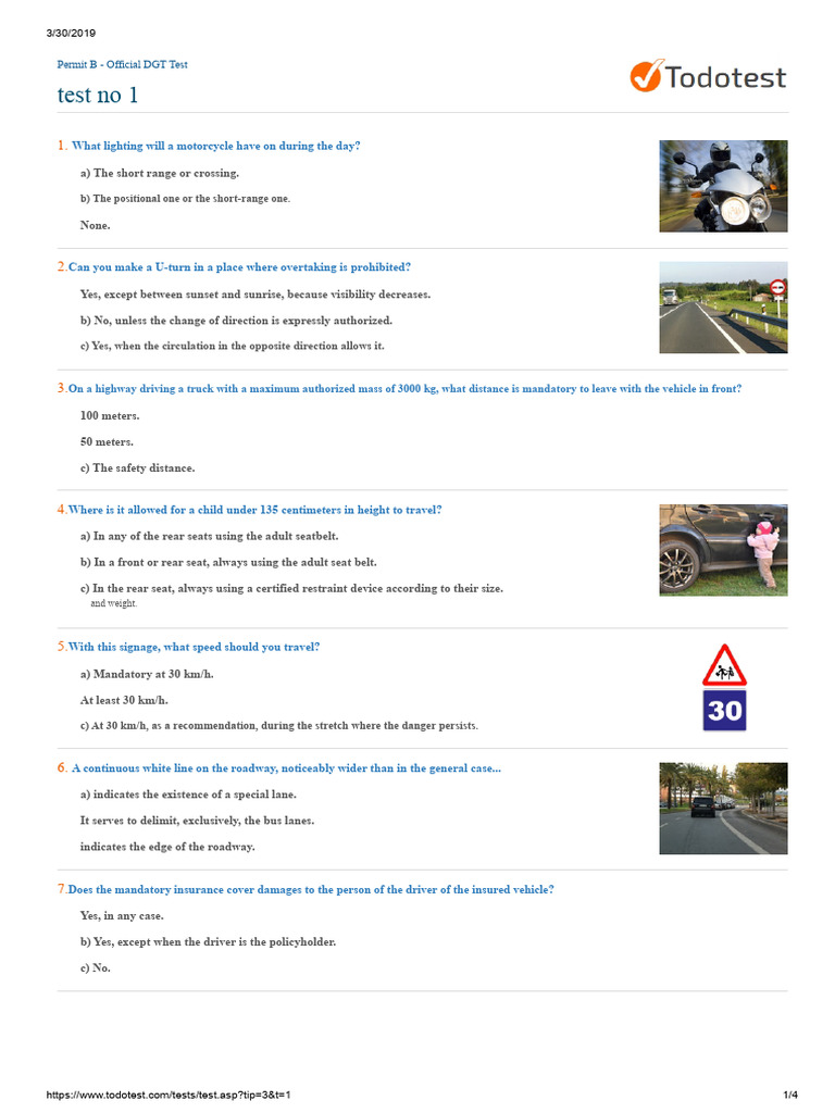 TodoTest - Free Driving School Test Test 1 | PDF | Traffic | Traffic ...
