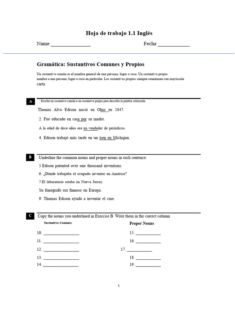 Hoja de Trabajo 1.1 Sustantivo (Común y Propio) | PDF | Thomas Edison