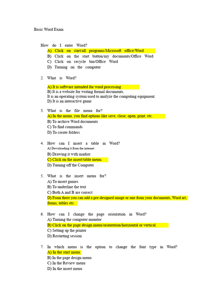 Basic Word Exam | PDF