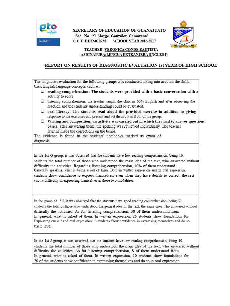 Report Diagnostic Evaluation 1st and 2nd | PDF | Reading Comprehension ...