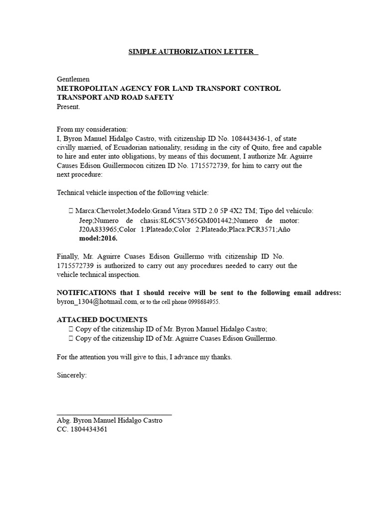 Vehicle Inspection Authorization Letter | PDF