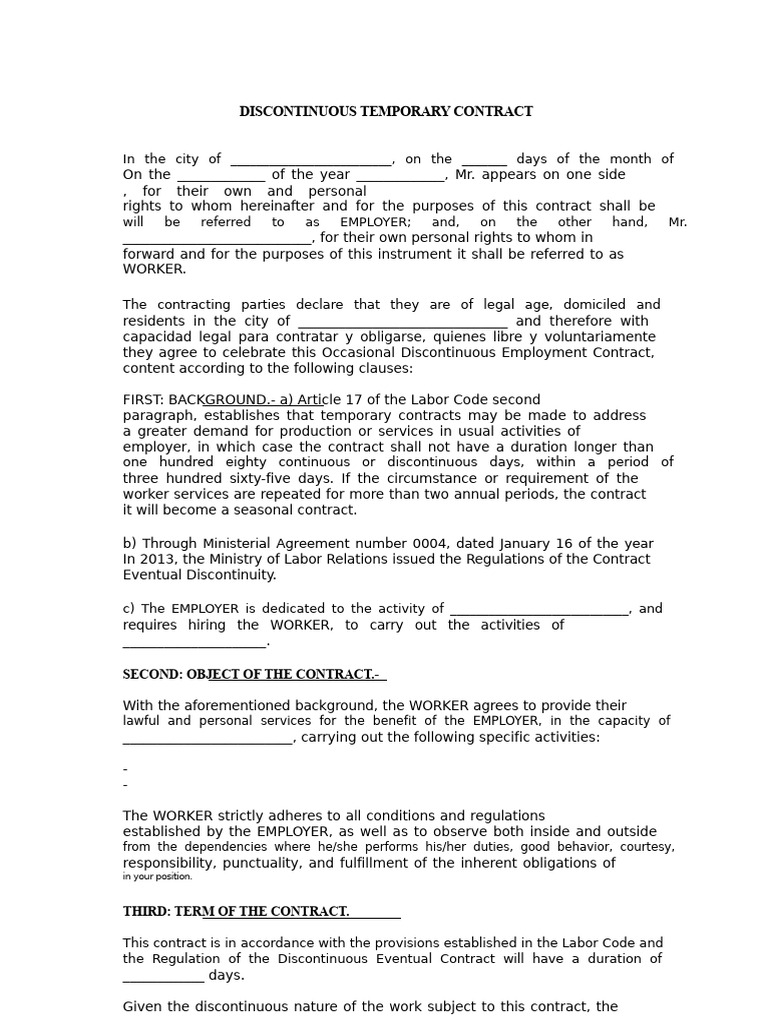 Temporary Discontinuous Employment Contract Ecuador | PDF | Employment ...