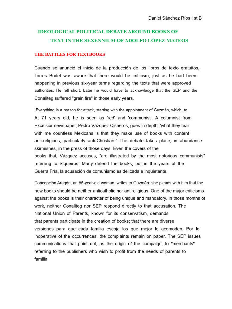 Ideological Political Debate Around Textbooks Daniel S R 1º B | PDF
