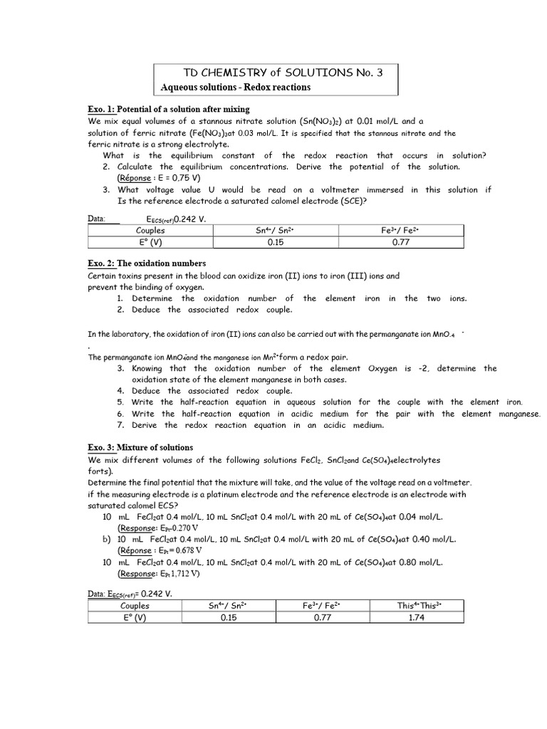 TD No. 3 Chemistry of Solutions | PDF | Redox | Ph