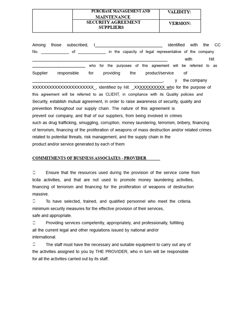 Supplier Security Agreement Template | PDF | Supply Chain | Regulatory ...