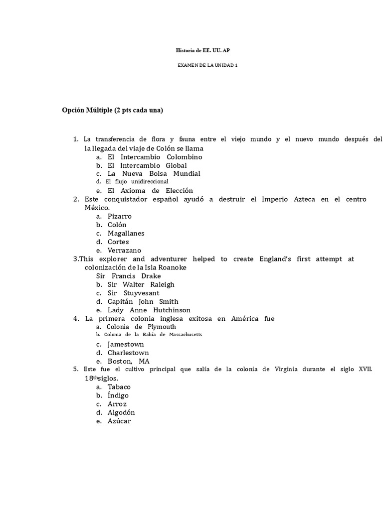 Examen de La Unidad 1 de AP US | PDF | Trece colonias | Colonización ...