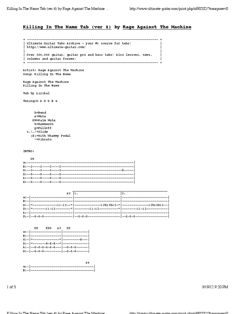 Killing in The Name Tab (Ver 4) by Rage Against The Machine Tabs at ...