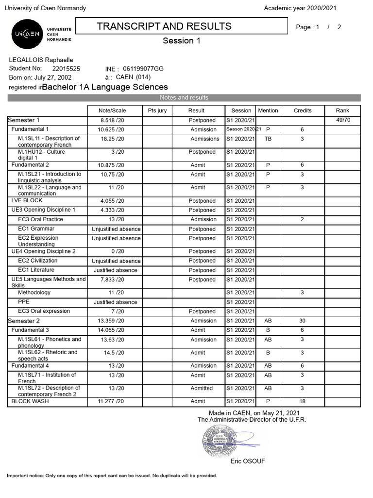 Transcript and Results Bachelor of Language Sciences | PDF | Learning ...