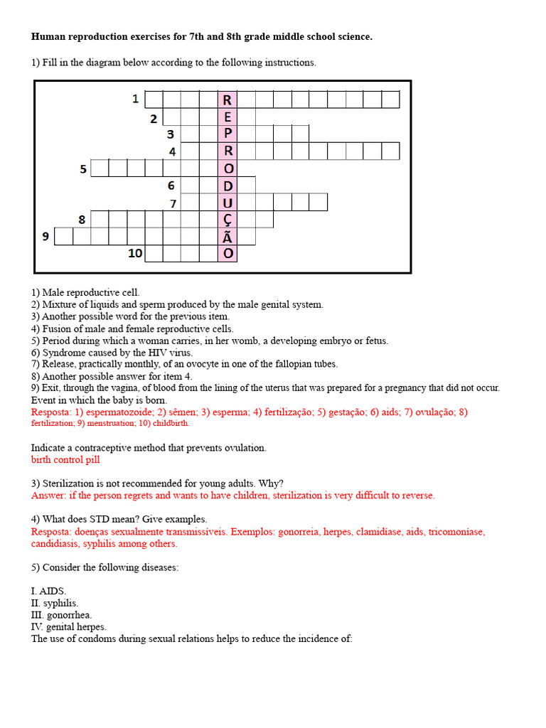 Human Reproduction Exercises For 7th and 8th Grade Science. | PDF ...