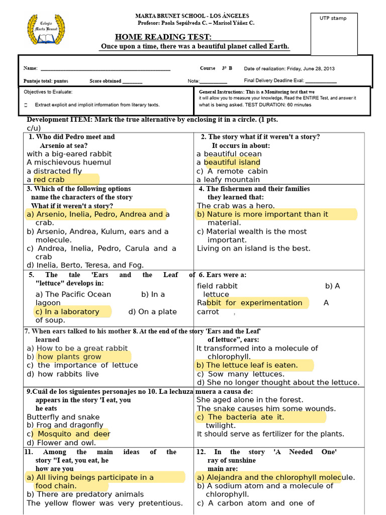 Home Reading Test for 3rd Grade | PDF