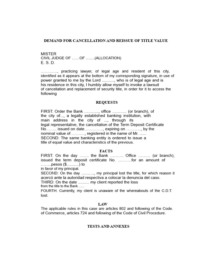 Demand For Cancellation and Reissuance of Value Title | PDF | Lawsuit ...
