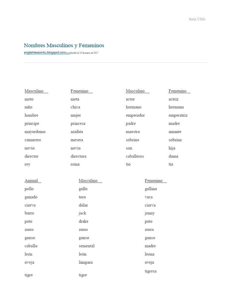 Sustantivos Masculinos y Femeninos | PDF