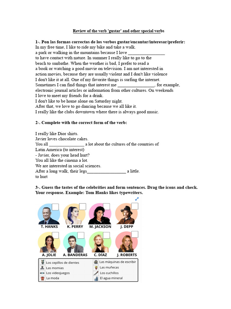 Review of The Verb Gustar and Other Special Verbs | PDF