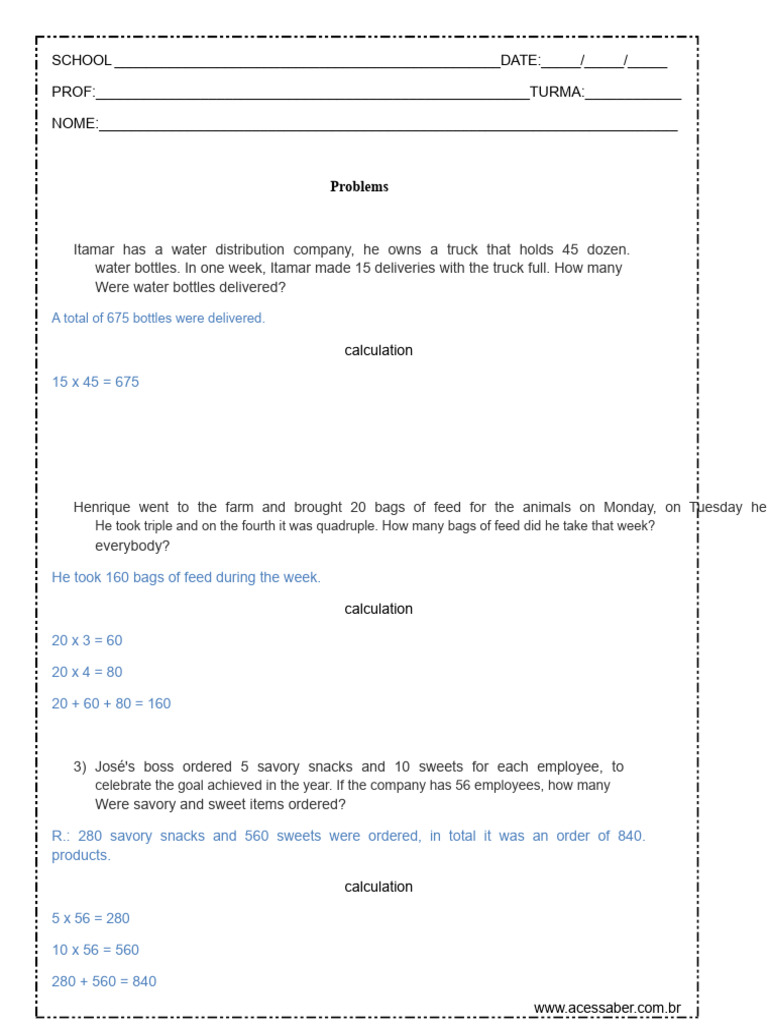 Math Problems 4th or 5th Grade Answers 1 | PDF