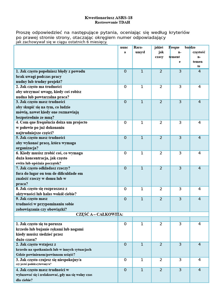 Kwestionariusz ASRS | PDF