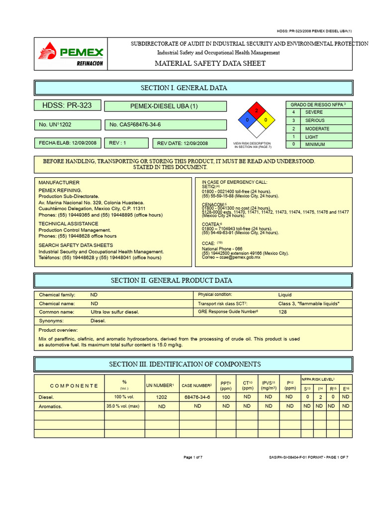 PEMEX Diesel UBA Safety Data Sheet | PDF | Diesel Fuel | Chemical ...