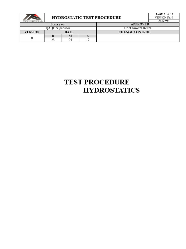 Hydrostatic Test Procedure Guide | PDF | Pressure | Pressure Measurement