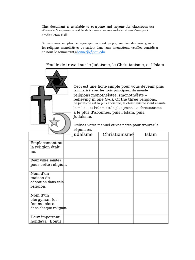 Fiche de travail sur les religions monothéistes | PDF | Palestine ...
