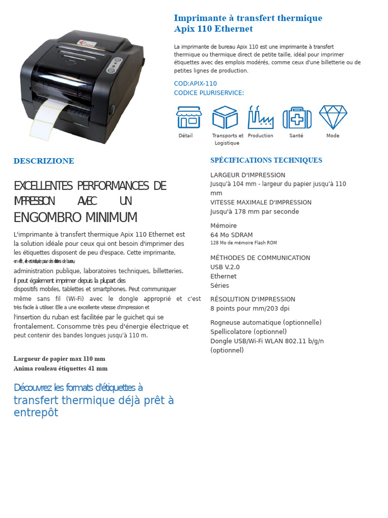 Imprimante À Transfert Thermique Apix 110 Ethernet - Raining Labels ...